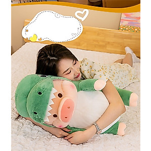 LANFIRE Pig Plush Stuffed Toy Pig Dressed as Shark Dinosaur Cute Plush Pillow for Boys Girls (Green, 15.6 in)