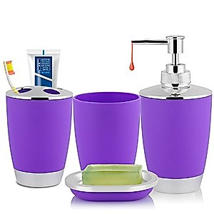 Bathroom Accessories Set, 4pcs Bathroom Vanity Accessory Include Soap Dispenser Pump, Toothbrush Holder, Toothbrush Cup, Soap Dish(Purple)