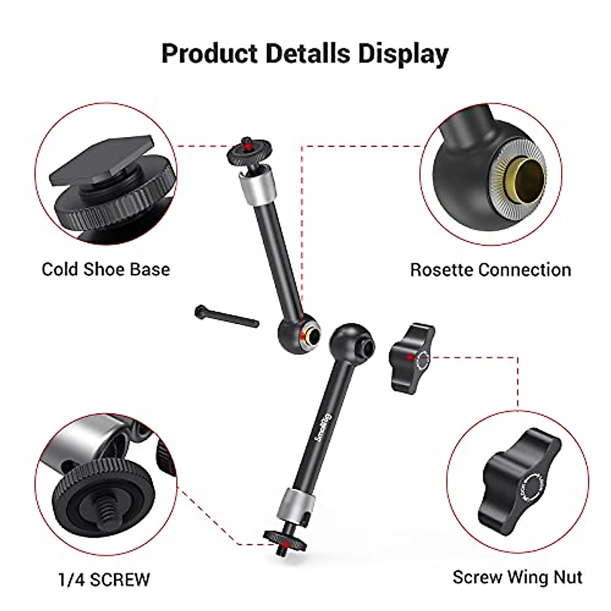 SMALLRIG Articulating Rosette Arm Max 11'' Long with Cold Shoe Mount & Standard 1/4"-20 Threaded Screw Adapter - 1498