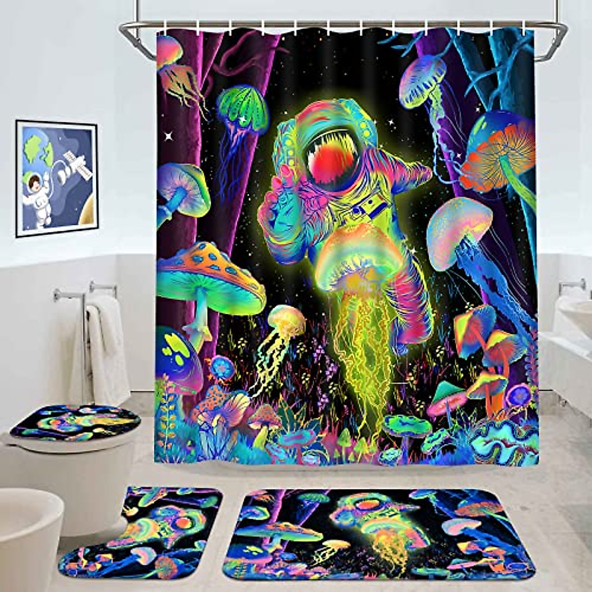 Alishomtll 4 Pcs Blacklight Astronaut Kids Shower Curtain Sets with Rugs, Black Light Space Bathroom Set with Shower Curtain and Rugs, Mushroom Jellyfish Bathroom Sets Decor for Men