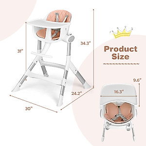 INFANS Baby High Chair, Modern Convertible Design Highchair with Aluminum Construction, 5 Different Heights, Removable Tray, Detachable PU Leather Cushion, Dinning Seat for Infant and Toddlers Pink