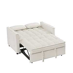 Eafurn 3 in 1 Convertible Sleeper Sofa Couch with Pull Out Bed,Small Futon Loveseat Lounge Chaise with Reclining Backrest and Armrest, Upholstered Love Seats Sofabed, Off White Velvet