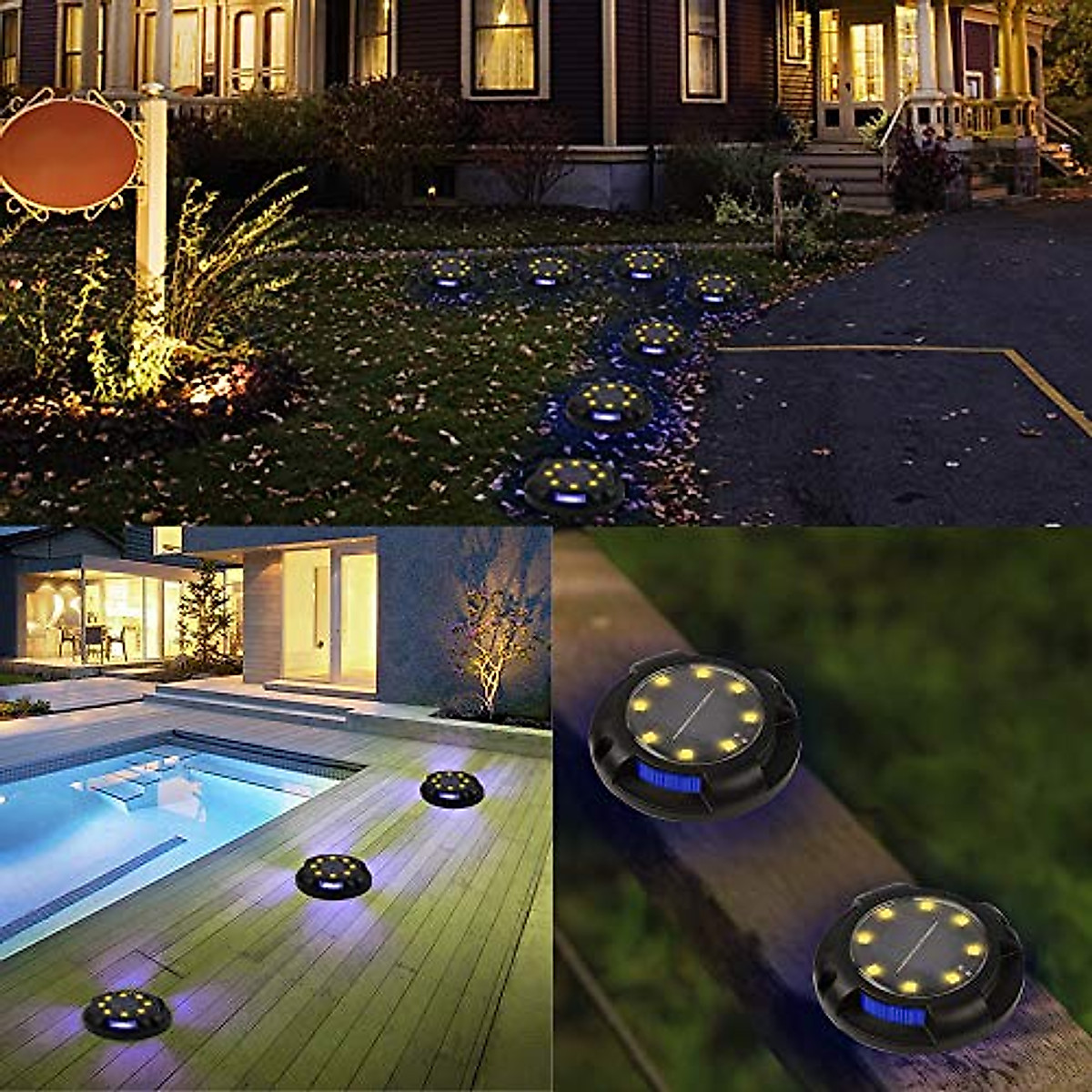 MAGGIFT 8 Pack Solar Ground Lights Outdoor, Disk Light 8 LED Warm White + 4 LED Blue, Waterproof Solar Powered Lights, In-Ground Walkway Deck for Pathway Driveway Landscape Garden Patio, Lawn, Yard