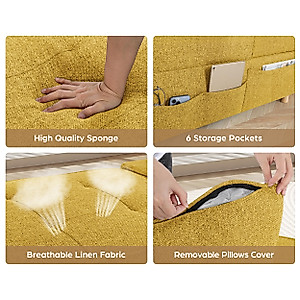 SEJOV Sleeper Sofa Chair Bed,4-in-1 Convertible Sofa Bed Chair with 6 Adjustable Backrest and Pillow, 3-Seat Pull Out Sleeper Chair Linen No Backrest for Bedroom Small Space Living Room, Yellow