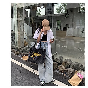 Crossbody Bags for Women Casual Denim Bags Embroidery Shoulder Bag Zipper Handbag Tote Ladies Messenger Bag (Black)