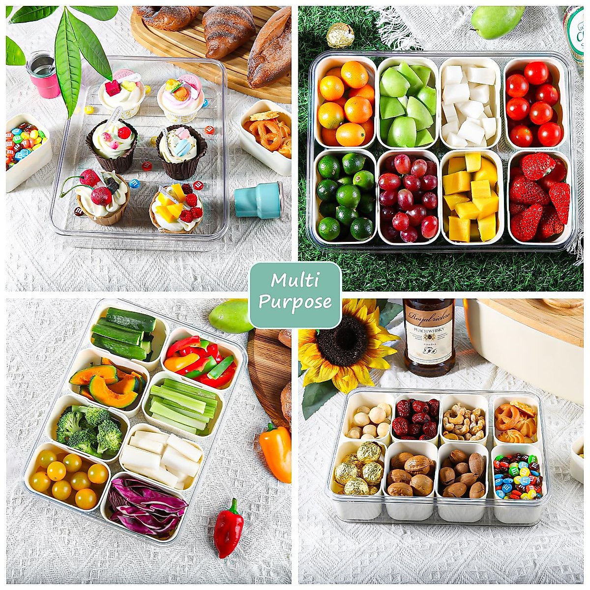 Zonpexe Snackle Box with Handle, Snack Box Container for Candy, Fruits, Nuts, Charcuterie and Veggies, Divided Serving Tray with Lid Perfect for Party and Entertaining, Travel and Beach Essentials