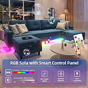 Lvifur LED Sectional Couches for Living Room, Modern Modular Sectional Sofa with Charging Station, Large U-Shaped 4 Seat Sofa Set with Chaise and Storage Ottomans (Blue)