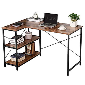 JJS L-Shaped Home Office Corner Writing Computer Desk with Build-in Bookcase, Wood Metal Modern Study Laptop Table Workstation with Storage Shelves for Small Space, Antony Rustic Brown