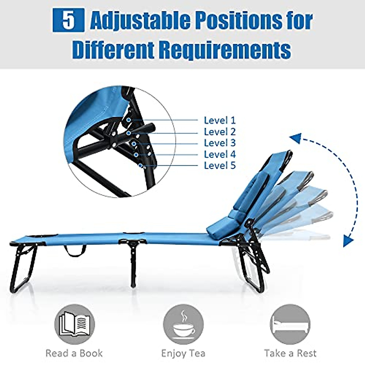 Goplus Folding Chaise Lounge Beach Chair, Face Down Tanning Chair with Face Hole Detachable Pillow, Great for Outside Pool Patio Backyard, 5-Position Adjustable (1, Blue)