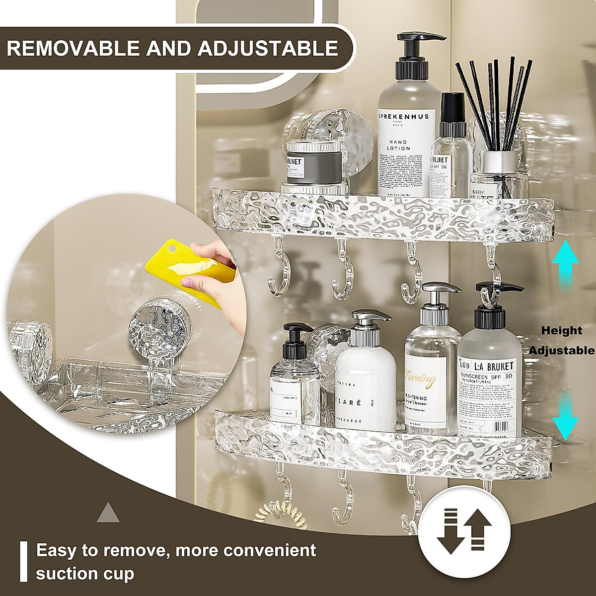 JAILOG 2 Pack Corner Shower Caddy, Removable Suction Cup Shower Shelf Adhesive Bathroom Shower Organizer Detachable Shower Self with 8 Hooks Kitchen Caddy Spice Rack (Clear - 2 Pack)