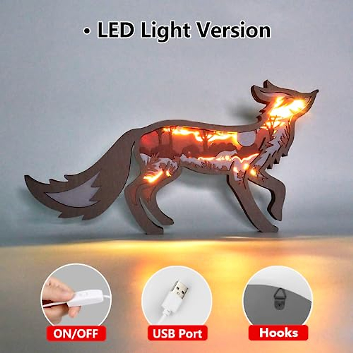 3D Wooden Animals LED Night Light, Art Wall Home Hanging Decor Carving, Wood Carved Lamp Modern Festival Decoration Desktop Desk Table Living Room Bedroom Farmhouse Office Shelf (Fox)