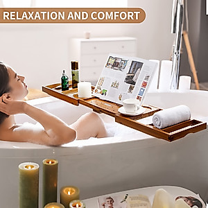 Axeman Teak Bathtub Tray - Bathtub Caddy for Luxury Bath Foldable Bath Tray Bath Tub Accessories with Expandable Handles Wine Glass Phone Holder Book Stand for Home Spa Relaxing and Reading，Natural