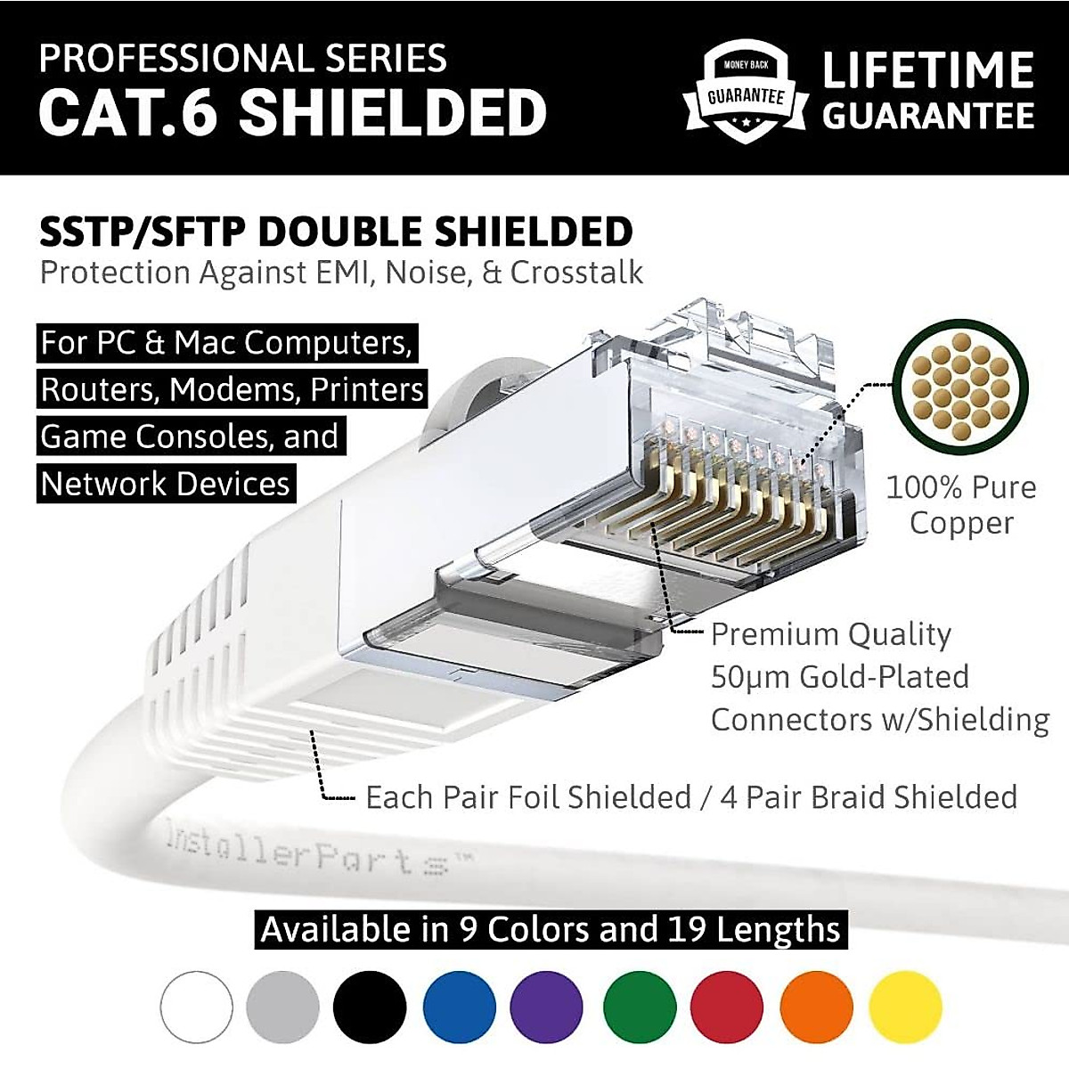 InstallerParts Ethernet Cable CAT6 Cable Shielded (SSTP/SFTP) Booted 15 FT - White - Professional Series - 10Gigabit/Sec Network/High Speed Internet Cable, 550MHZ