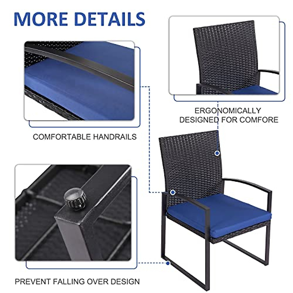 J-SUN-7 5-Piece Patio Furniture Conversation Set PE Rattan All Weather Cushioned Chairs Bistro Set with Ottoman and Glass Coffee Side Table for Balcony Porch, Dark Blue