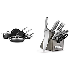 Calphalon 8-Piece Pots and Pans Set, Nonstick Kitchen Cookware, Black & Kitchen Knife Set with Self-Sharpening Block, 15-Piece Classic High Carbon Knives