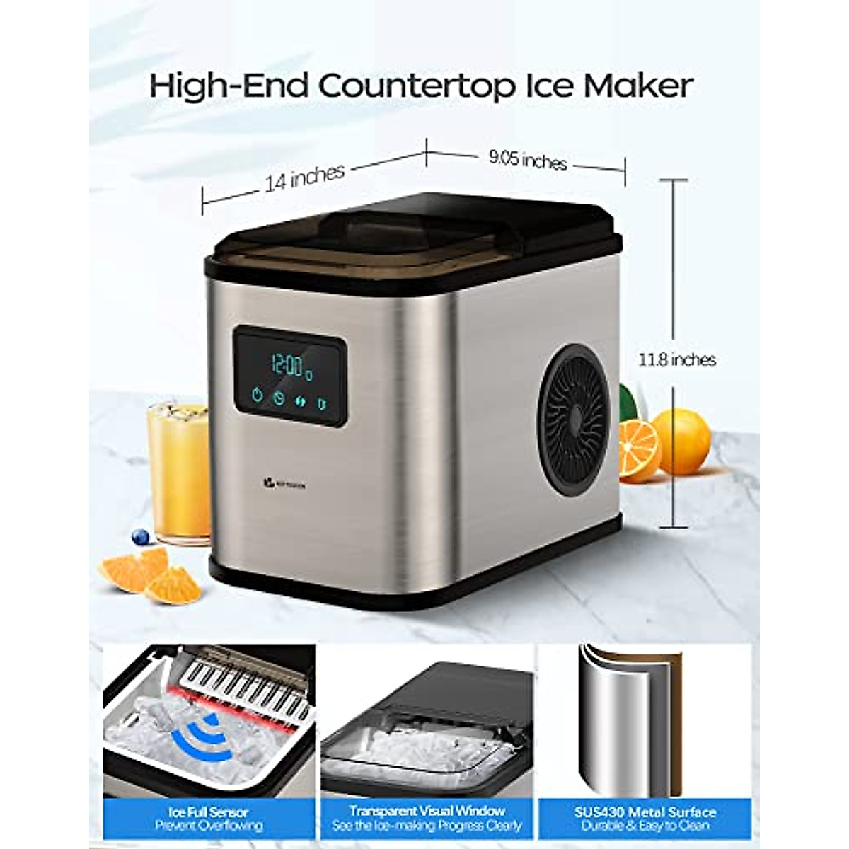Ice Maker Countertop, Portable Ice Maker Machine, 28lbs/24Hrs, 6 Mins/9 Pcs Bullet Ice, Mini Ice Maker with Self Cleaning, Time Reservation Function, LED Display, Include Scoop & Basket, Stainless