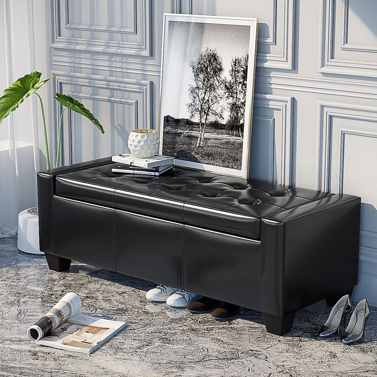 HOMCOM Large 51" Storage Ottoman, Tufted Faux Leather Storage Bench for Living Room, Entryway, or Bedroom, Black