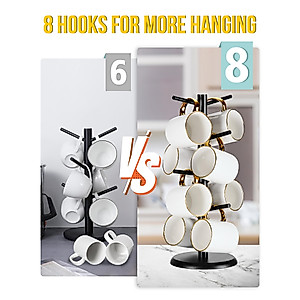 Lorbro Coffee Mug Tree with 8 Hooks, Mug Tree Stand, Bamboo Coffee Cup Holder, Countertop Mug Tree, Mug Stand Kitchen Organizer, Cafe Accessories Decor & Kitchen Organizer Storage Stand (Black)