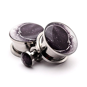 Mystic Metals Body Jewelry Screw on Plugs - Moon Style 2 Picture Plugs - Sold As a Pair (2g (6mm))