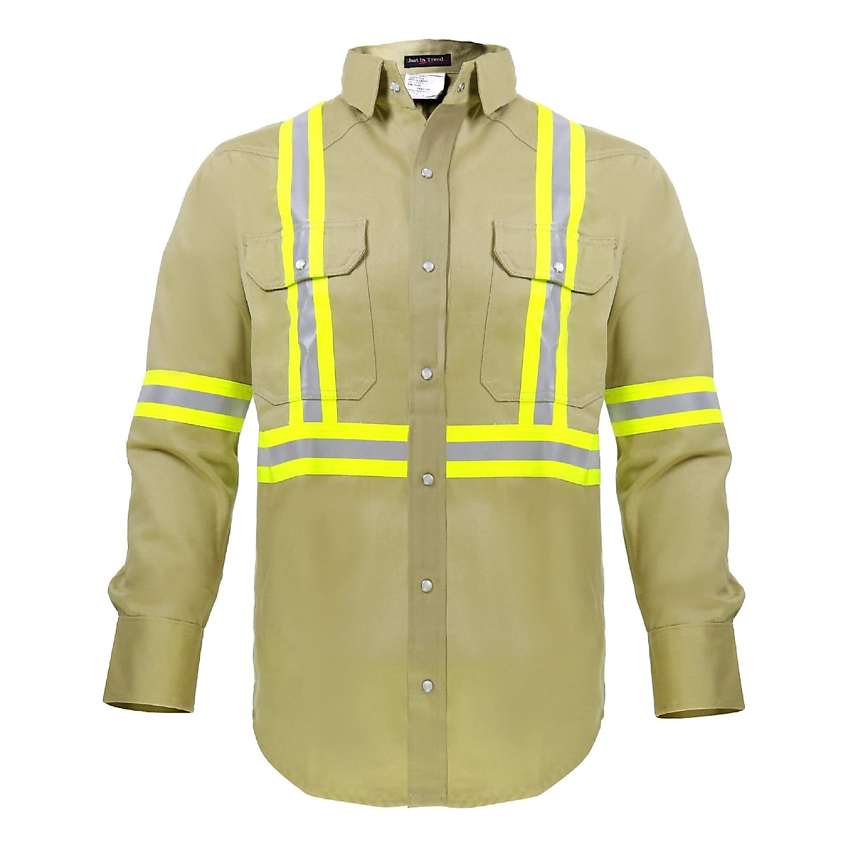 Just In Trend Flame Resistant High Visibility Hi Vis Shirt - 100% C - 7 oz (4X-Large, Khaki)
