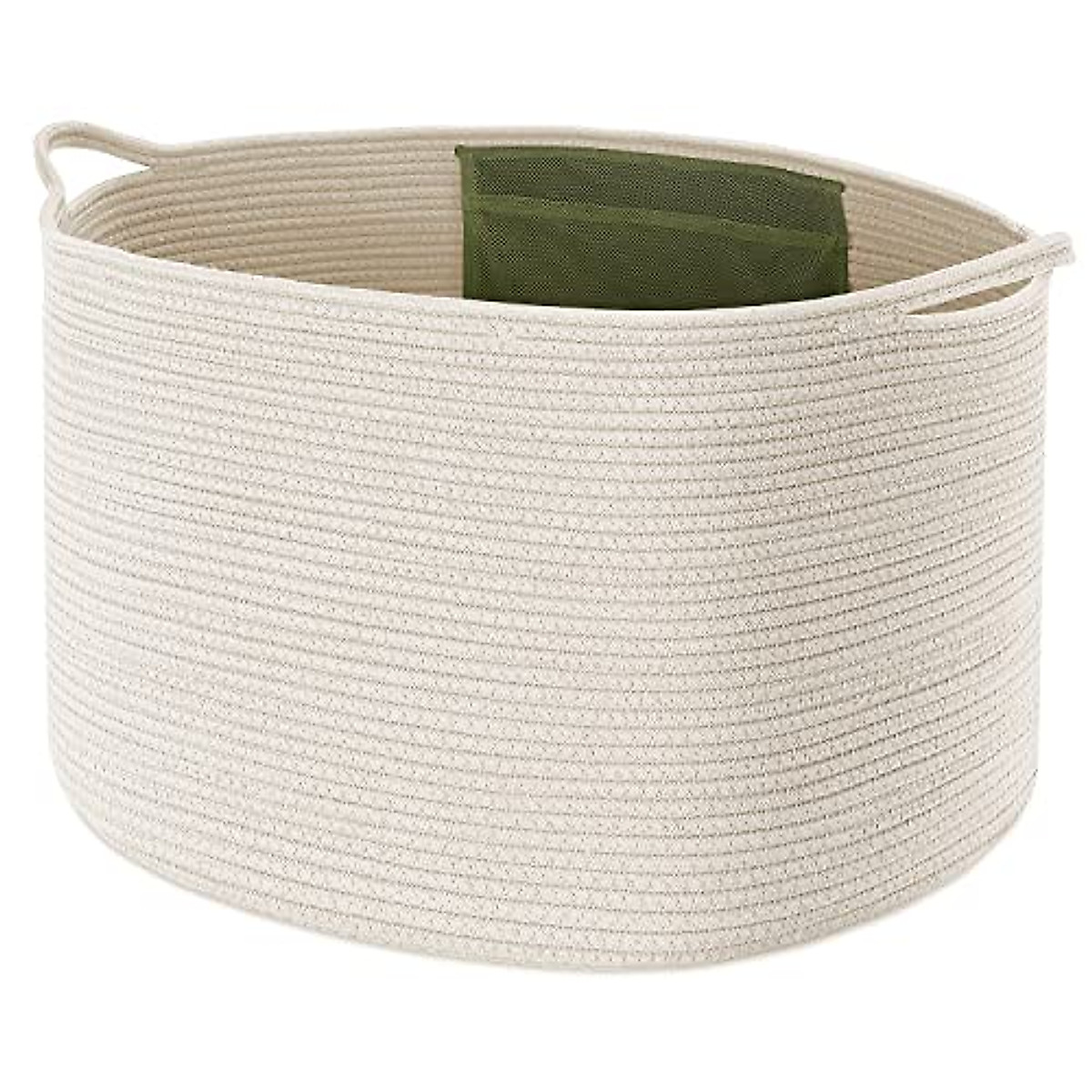 Maliton Extra Large Blanket Basket, Woven Cotton Rope Basket for Toys Towels, Pillow Basket with Handles, Nursery Laundry Basket with Storage Pockets, 20" x 13" Large Rope Baskets for Storage - White