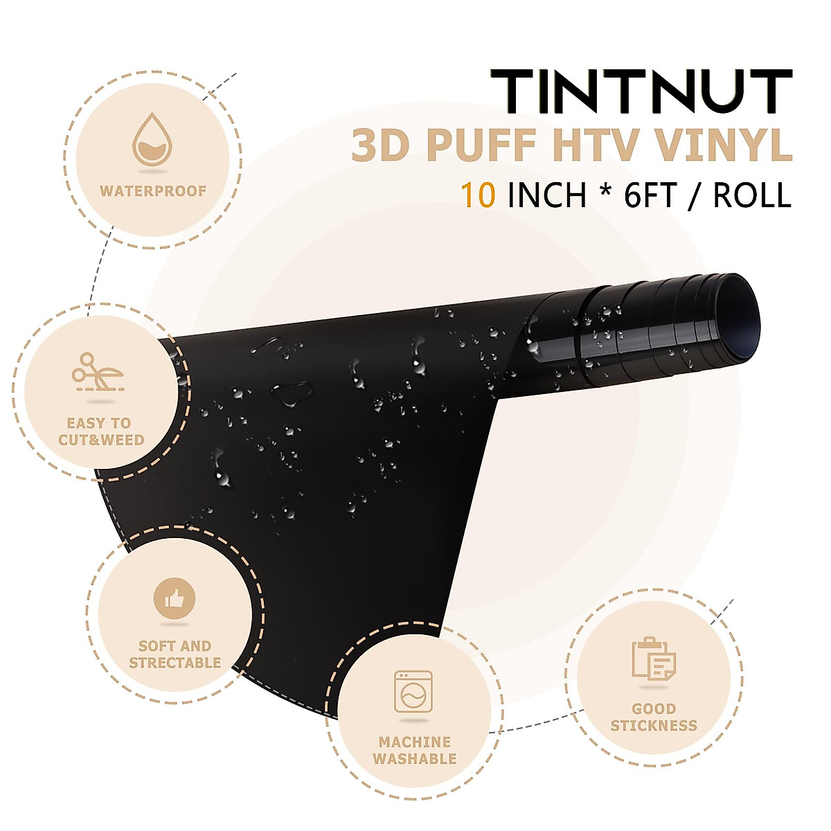Tintnut Black Puff HTV Vinyl Heat Transfer - 10 inches x 6ft Puff HTV Vinyl Roll 3D Puff Heat Transfer Vinyl Roll Black Puff HTV Roll Iron on Vinyl for T-Shirts Compatible with Cricut/Silhoutte Cameo