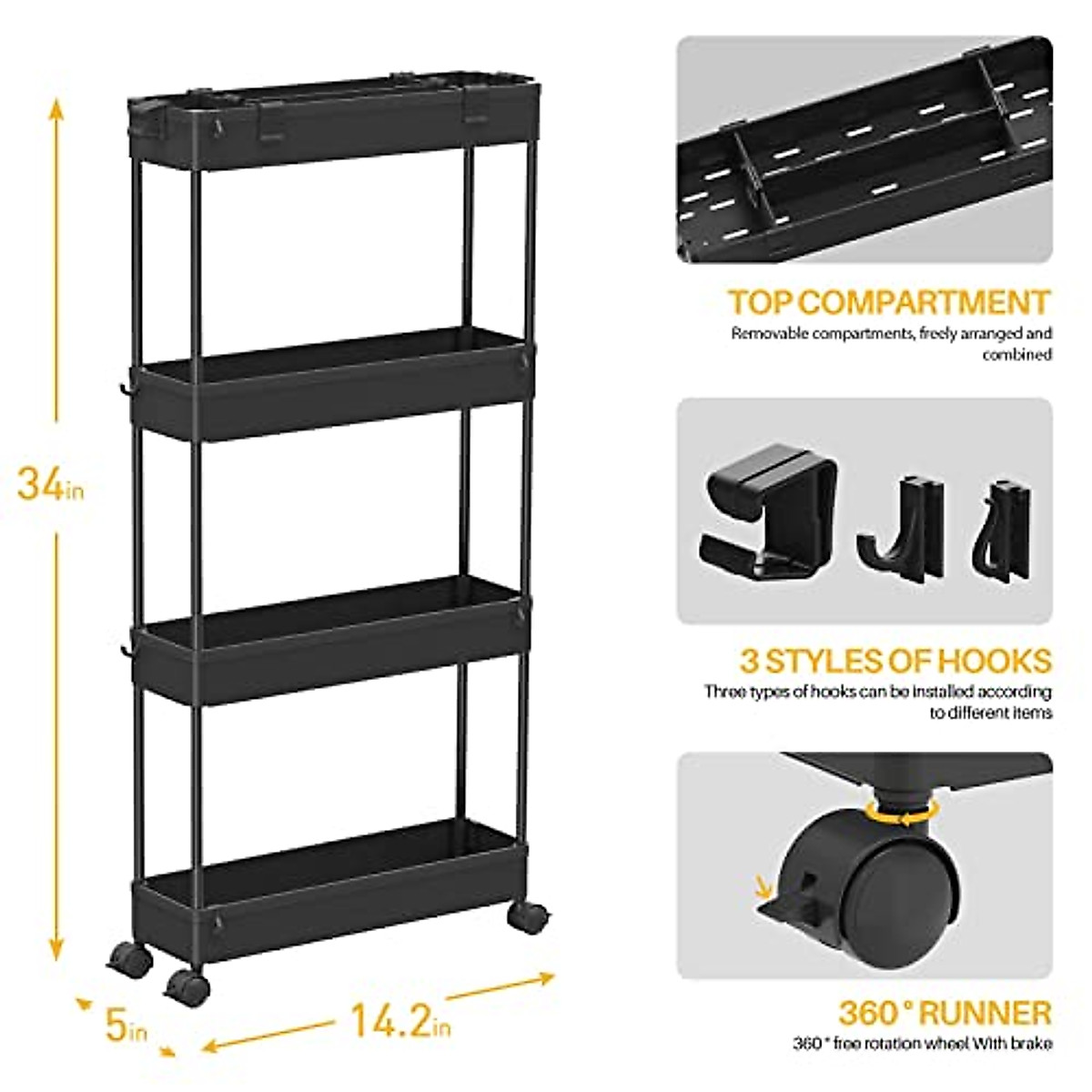 SPACELEAD Slim Storage Cart 4 Tier, Storage Organizer Rolling Utility/ Mobile Shelving Unit Slide Out Storage Cart for Office, Bathroom, Kitchen, Laundry Room & Narrow Places， Black
