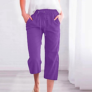 Return pallets for Sale Liquidation Bulk Tools Flare Pants Women Cotton Linen Capris Pants Plus Size Knee Length Casual Elastic Waist Loose Paper Bag with Pockets Loose Trousers Purple 4XL