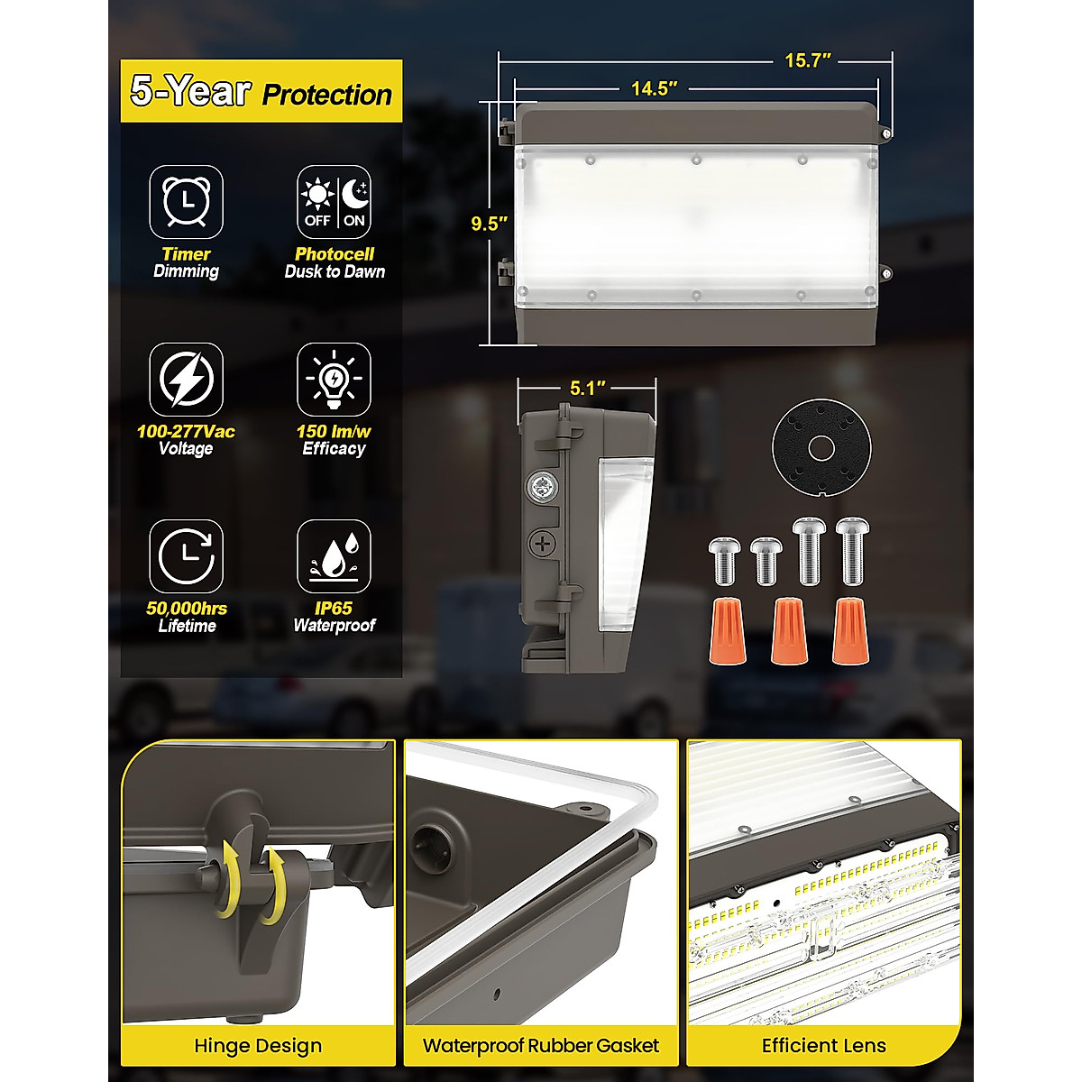 YARBO 2-in-1 Full & Semi Cutoff LED Wall Pack, 150W 120W 100W & 3000K 4000K 5000K Selectable, Timer Dimming & Photocell Wall Pack LED Exterior Light, 22500LM AC100-277V ETL Listed LED Wall Pack Light
