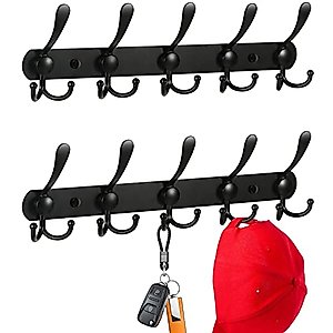 TBMax Coat Rack Wall Mounted - 2 Pack Sturdy Metal Coat Hook Rail with 5 Tri Hooks for Coat Hat Towel Purse Robes Mudroom Bathroom Entryway -Black