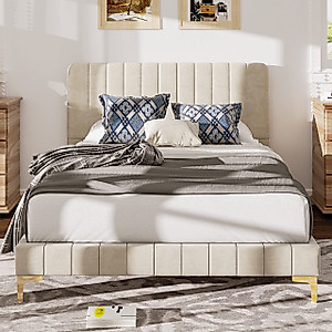 LIKIMIO Upholstered Bed Frame Queen, Velvet Bed Frame Queen Size Bed Frame with Headboard, Boho Bedframe Mattress Foundation, No Box Spring Needed, Beige