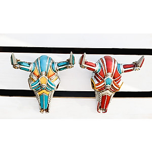 Ebros Gift Set of 2 Red and Blue Western Robotic Cyborg Horned Cow Skull 10" H Wall Decor Sculptures Wildlife Bisons Bulls Spirit Totem Accent Sculpture