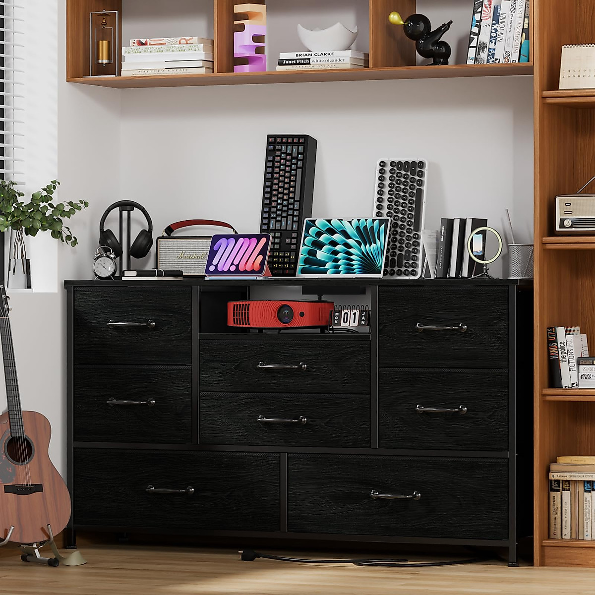 Furnulem Dresser TV Stand with Power Outlet for 55'' Long TV, Entertainment Center with 8 Deep Drawers,Wide Chest of Drawer for Storage in Bedroom,Closet,Living Room,Hallway(Black Oak)