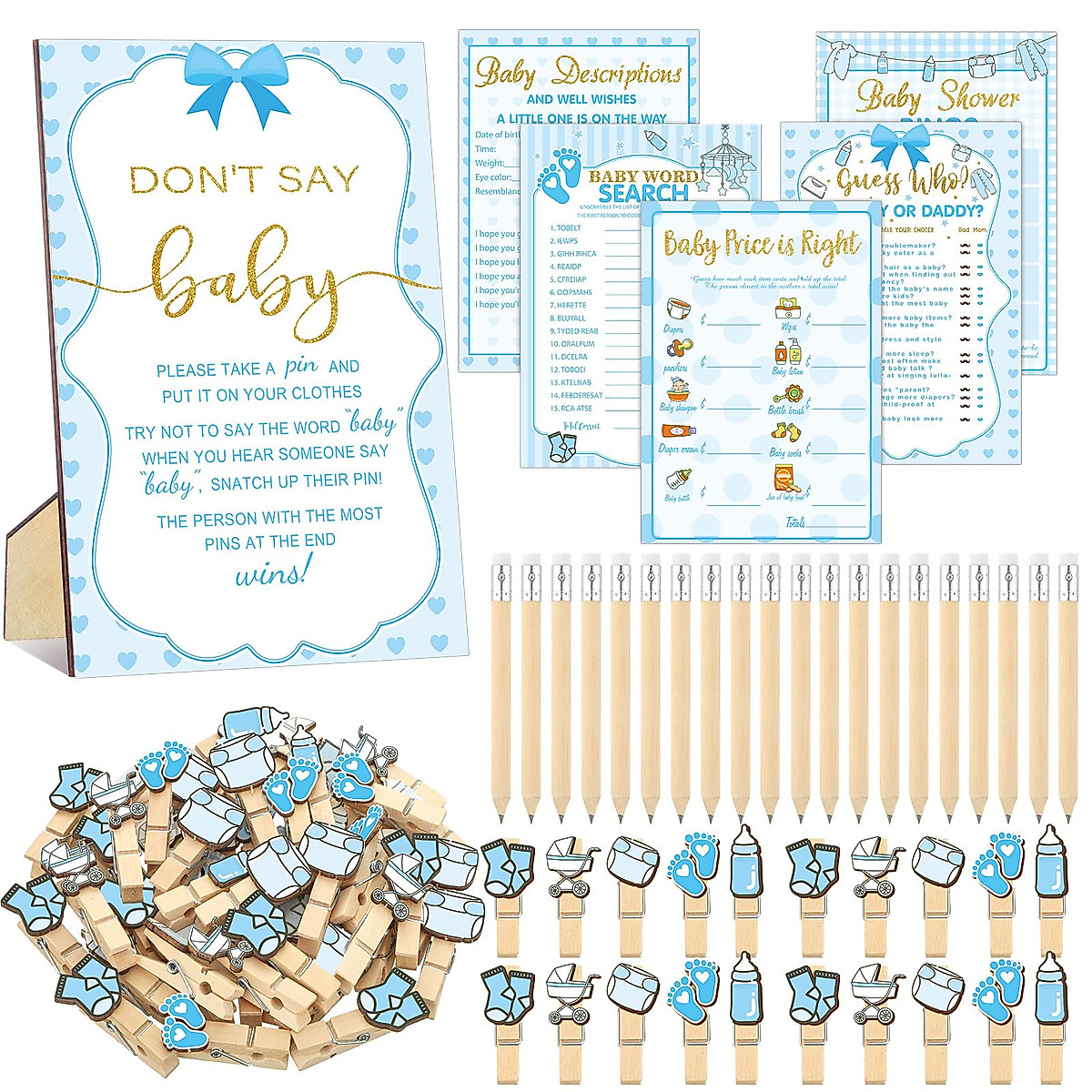 Patelai 321 Pcs Baby Shower Games Supplies, 5 Sets (50 Cards Each) Activities Cards with 20 Pencils 1 Don't Say Baby Sign 50 Clothespin(Boy)