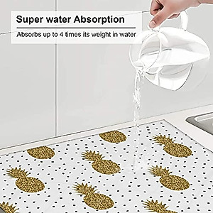 Gold Glitter Pineapples Fruit Printed Drying Mat For Kitchen Ultra Absorbent Microfiber Dishes Drainer Mats Non-Slip Silicone Quick Dry Pad - 18 X 16inch