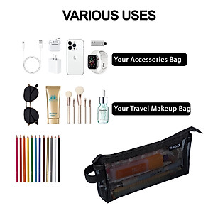 2-Pack Grid Mesh Pencil Case with Handle and Zipper, Double Layer Clear Large Capacity Pencil Pouch, Travel Makeup Bag and Small Toiletry Bag for Purse, College Essentials School Supplies (Black)