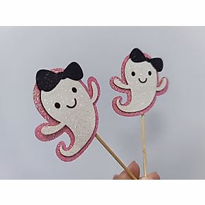 Ghost Cupcake Toppers Pink Glitter, Halloween Ghost Baby Shower Cupcake Toppers Ghost Food Cupcake Picks for Pink Halloween Baby Shower Birthday Party Cake Supplies - 24Pcs
