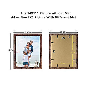 Q.Hou 11x14 Picture Frames Wood Patten Rustic Brown Set of 2, Each Frame with 2 Mats,Display A4 or Five 5x7 Photos with Mat & 11x14 Picture Without Mat for Wall Mount (QH-PF11X14-BR)