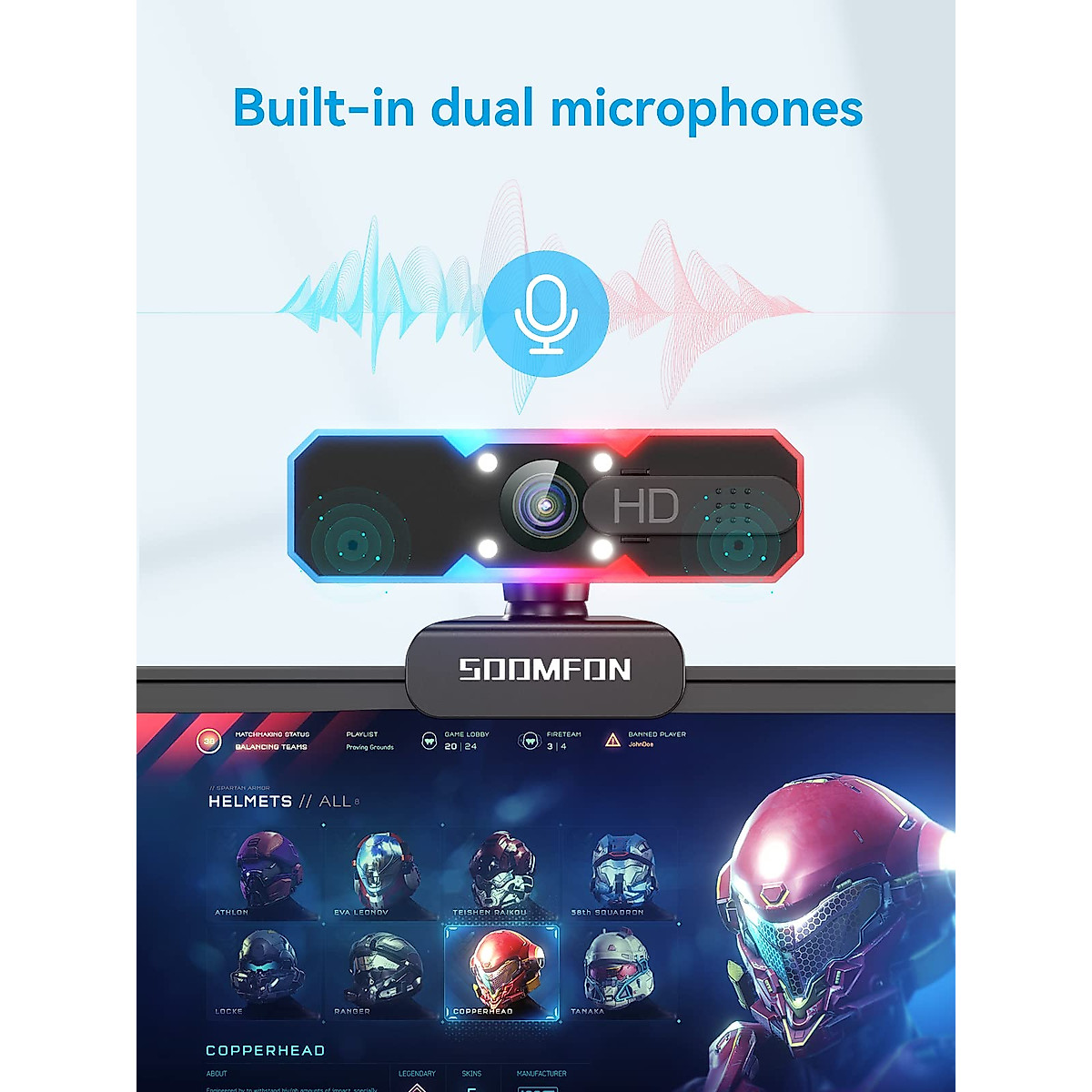 SOOMFON Gaming Webcam, 1080P 60FPS USB Streaming Web Camera with Adjustable Light, AutoFocus, Privacy Cover, Dual Noise-Cancelling Mics for Live Streaming, Video Conferencing, Teaching and More