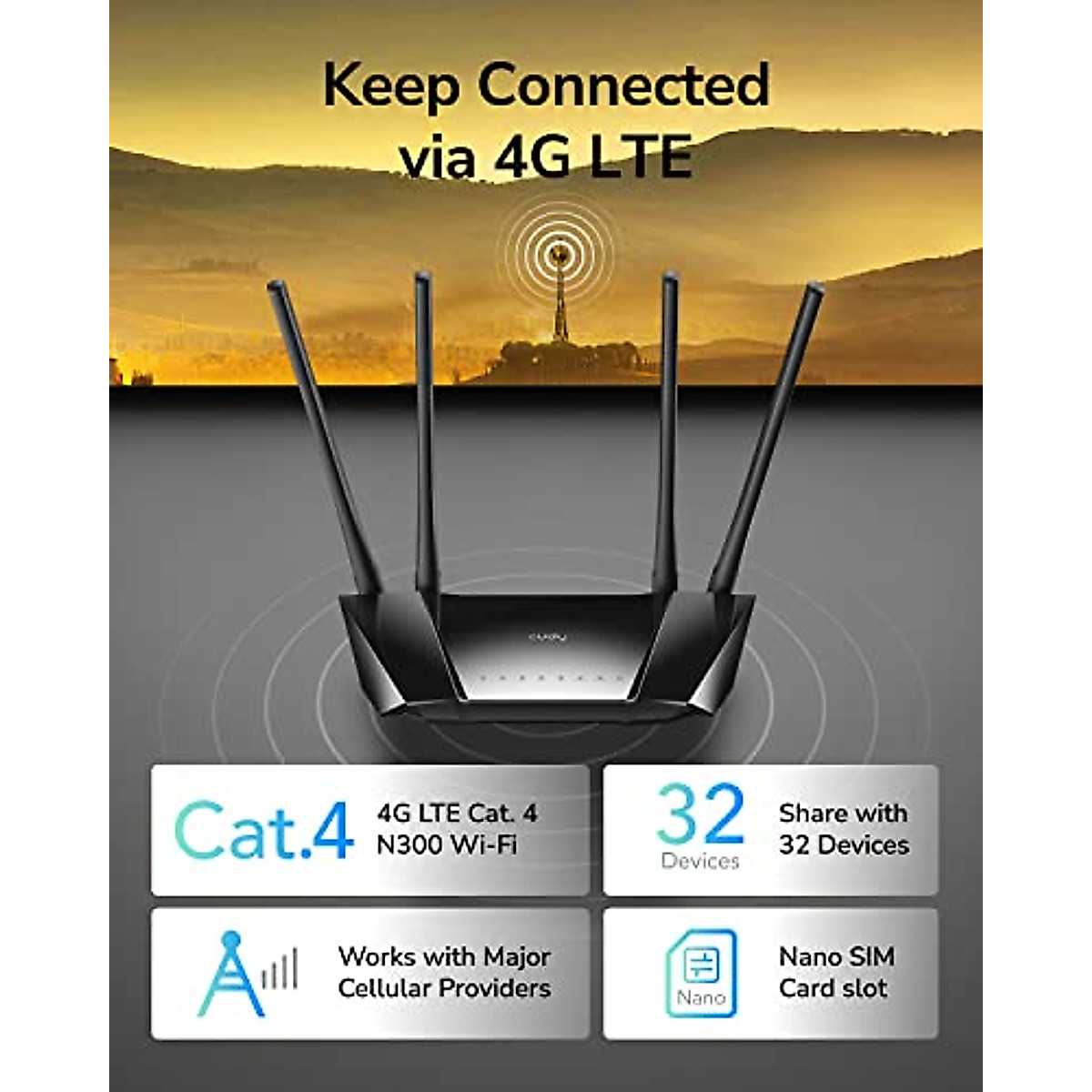 Cudy N300 WiFi Unlocked 4G LTE Modem Router with SIM Card Slot, 300Mbps WiFi, LTE Cat4, EC25-AFX Qualcomm Chipset, 5dBi High Gain Antennas, FDD, DDNS, VPN, Cloudflare, Plug and Play, LT400