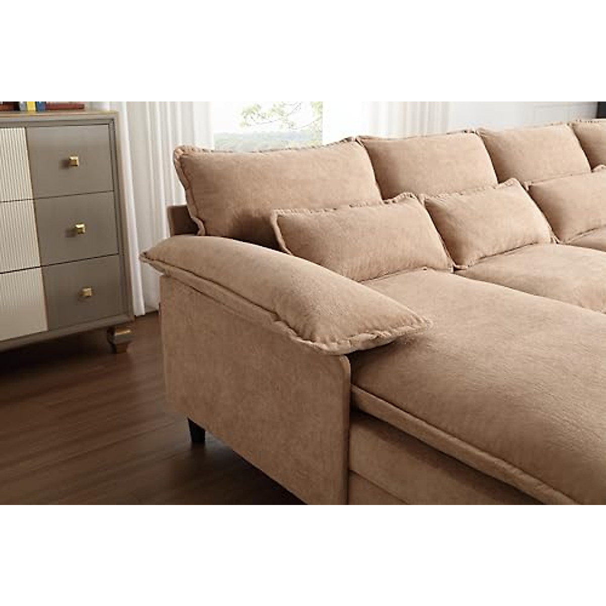 Eafurn U Shaped Symmetrical Sectional Couch with Waist Poillows and Detachable Pillow Armrest, 6 Seater Oversized Modular Lounge Sofa with Double Chaise & Memory Foam for Living Room Apartment