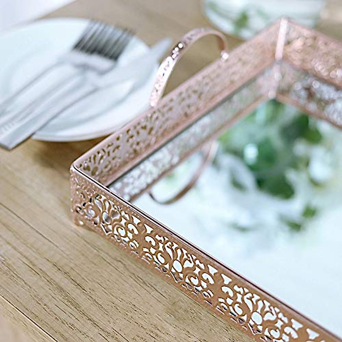 BalsaCircle 16x12-Inch Rose Gold Metal Rectangle Fleur De Lis Trim Decorative Mirror Serving Tray Wedding Party Dessert Centerpieces