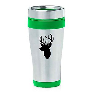 16oz Insulated Stainless Steel Travel Mug Coffee Mug Tumbler Deer Head with Antlers Hunting (Green)