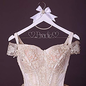 HUIDIAN White Solid Wood Bridal Dress Hanger with Bridal Wire Lettering for Bridal Wedding Party Gift (White Hanger Silver Thread and Pearl Chain)