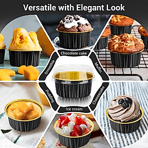 EUSOAR Mini Cheesecake Containers, 30pcs 5oz Disposable Aluminum Foil Cupcake Liners Ramekins Baking Cups, Dessert Cups with Lids Mini Aluminum Cheesecake Pan Creme Brulee Ramekins- Black&Gold