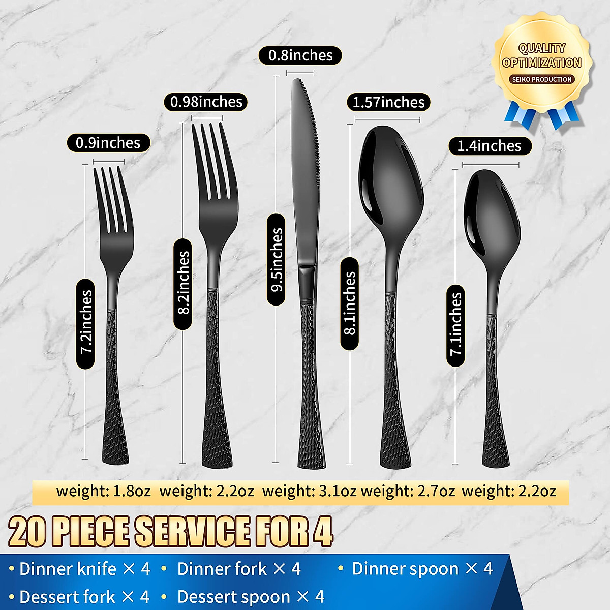 Lemeya Hammered Black Silverware Set,20 Piece Modern Flatware Set Service for 4,Mirror Polished Stainless Steel Cutlery Set Tableware Set,Kitchen Knives Forks Spoons Set,Dishwasher Safe