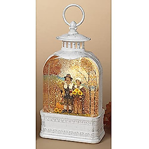 One Holiday Way 11-Inch Vintage Lighted White Water Lantern Snow Globe with Thanksgiving Pilgrims Woodland Harvest Scene - Autumn Tabletop Fall Decoration - Rustic Country Farmhouse Home Decor
