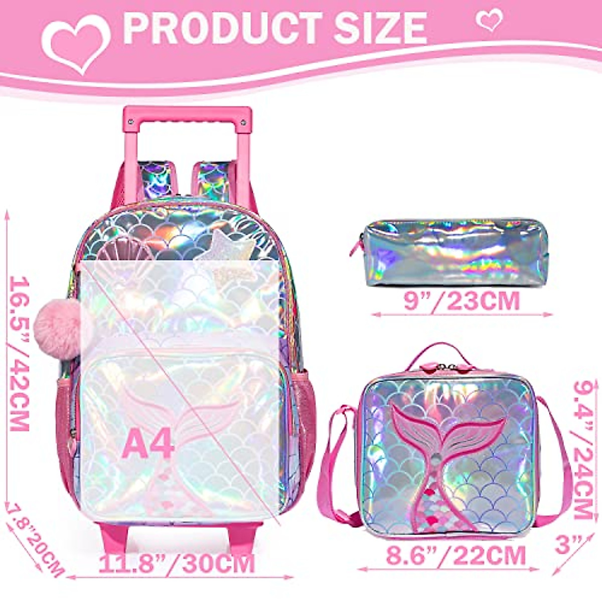 Meetbelify Rolling Backpack for Girls School Backpack with Wheels Kids Roller Luggage for Elementary Kindergarten Students with Lunch Box Pencil Case for Girls 5-12 Years Old