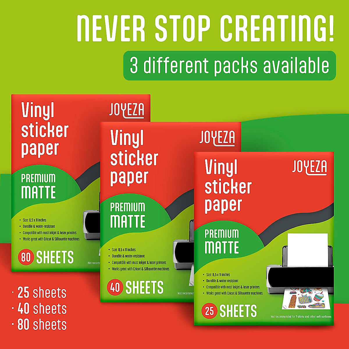 JOYEZA Premium Printable Vinyl Sticker Paper for Inkjet Printer - 25 Sheets Matte White Waterproof, Dries Quickly Vivid Colors, Holds Ink well- Tear Resistant - Inkjet & Laser Printer