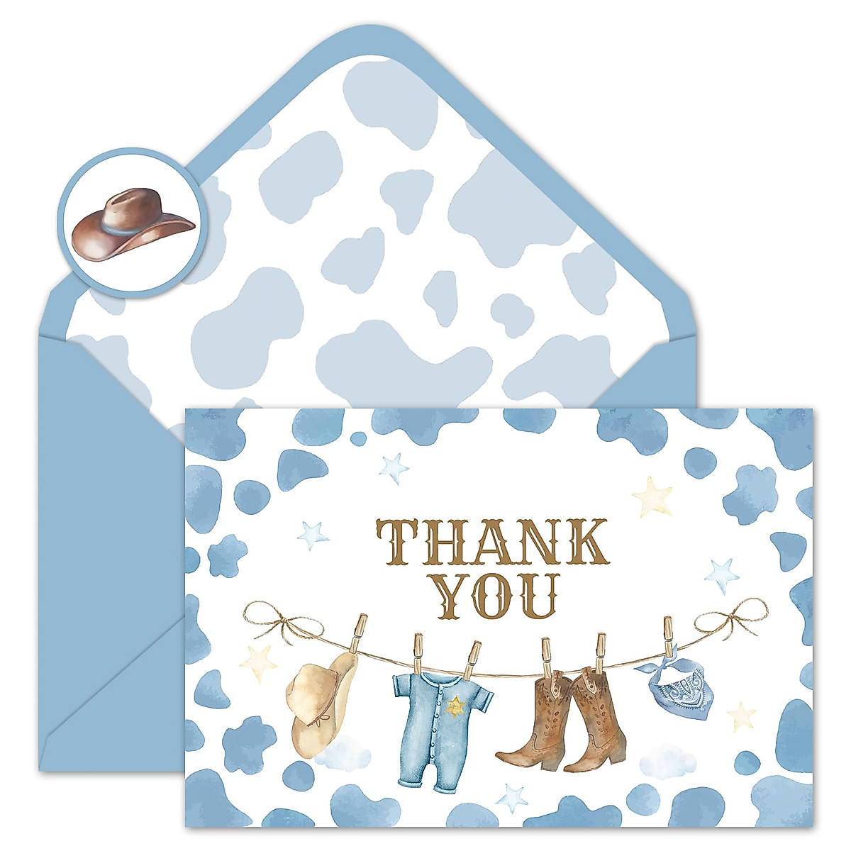 Whaline 24 Pack Cowboy Thank You Card Blue Cow Print Greeting Card with Envelope Sticker Cow Spot Blank Note Card for Baby Shower Party Invitation Supplies, 4 x 6 Inch